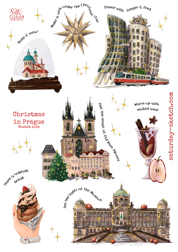 Prague Christmas stickers illustrated by Tatiana Saturday Sketch